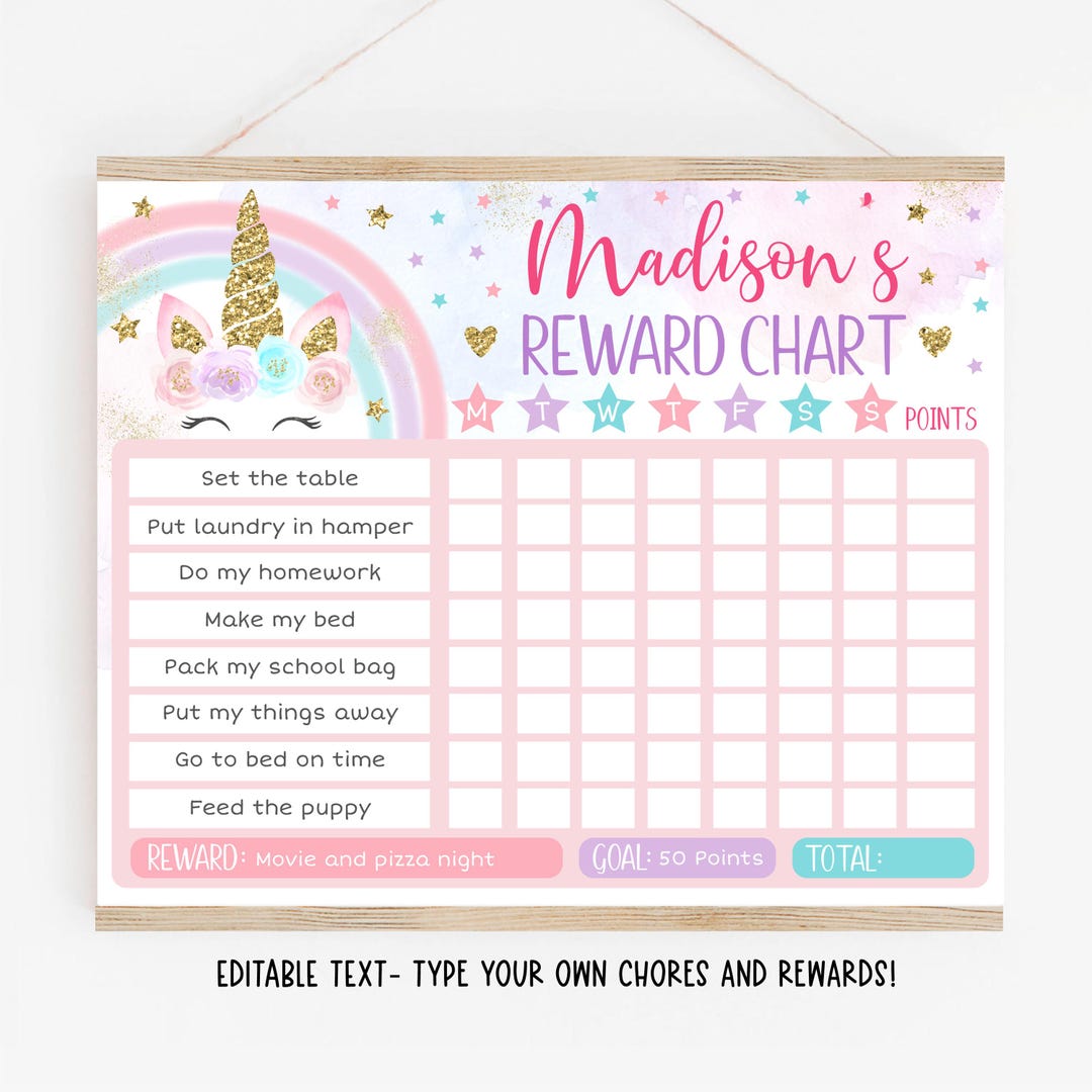 Unicorn Reward Chart, Unicorn Behavior Chart, Pink & Gold Rainbow ...