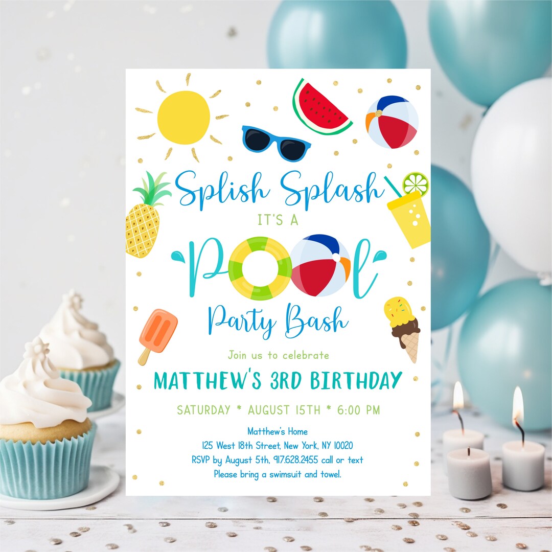 Editable Pool Party Birthday Invitation Boys Pool Party Invite Blue ...