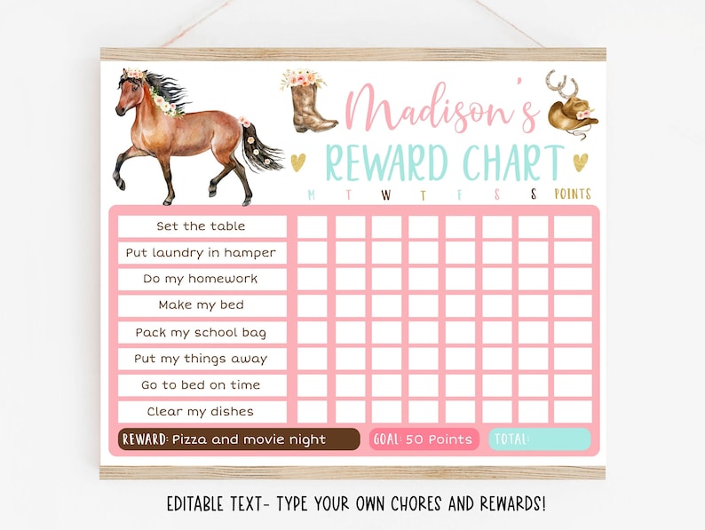Editable Horse Reward Chart, Horse Behavior Chart, Cowgirl, Pony, Pink ...