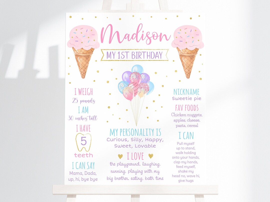 Editable Ice Cream Birthday Milestone Sign Ice Cream First Birthday ...