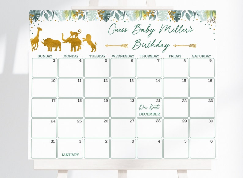Editable Greenery Gold Safari Baby Due Date Calendar Game Wild - Etsy