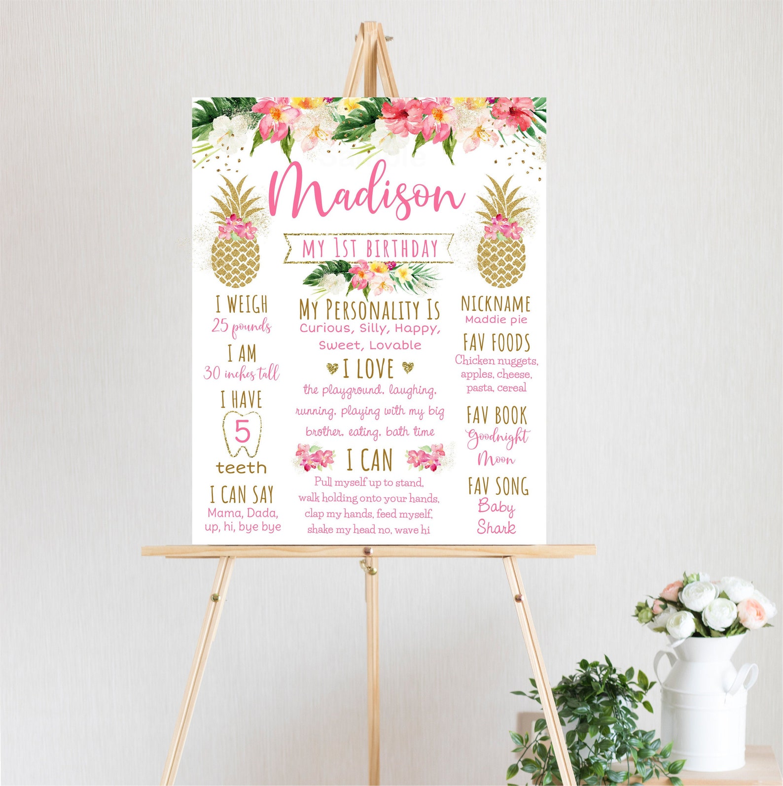 EDITABLE Pineapple Birthday Milestone Sign Tropical Floral - Etsy