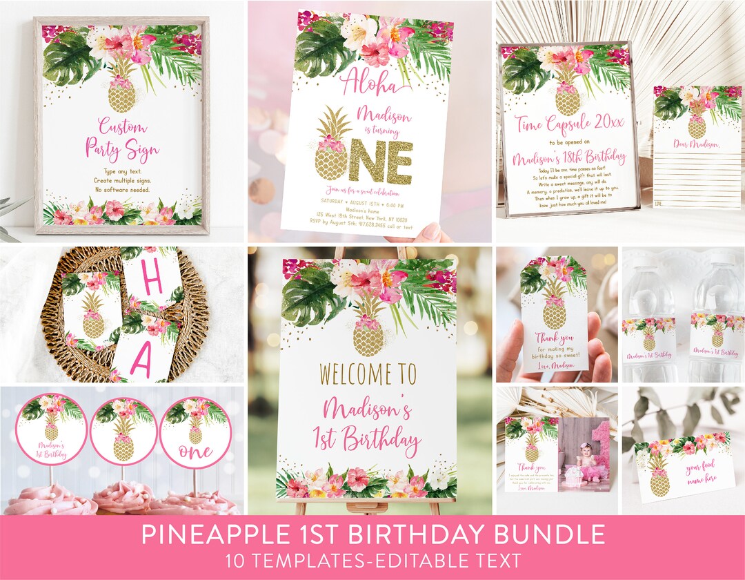 Editable Pineapple 1st Birthday Invitation Bundle Sweet as A Pineapple ...