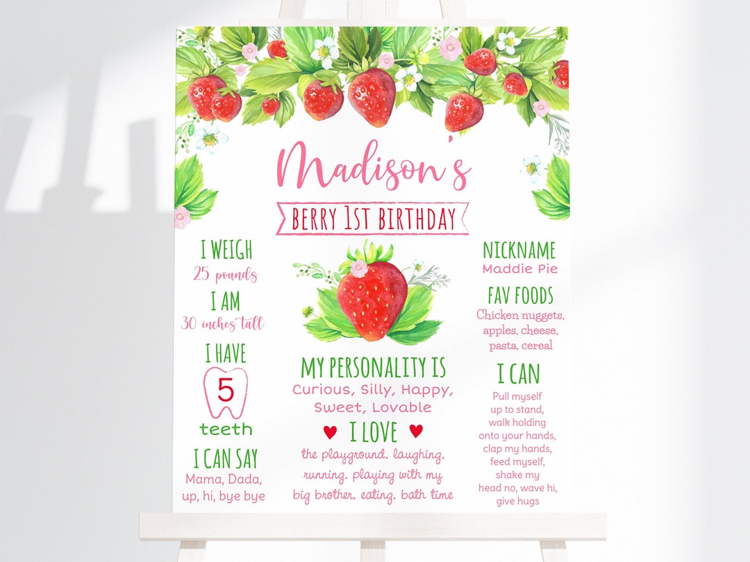 Editable Strawberry Birthday Milestone Sign Strawberry Party Berry ...