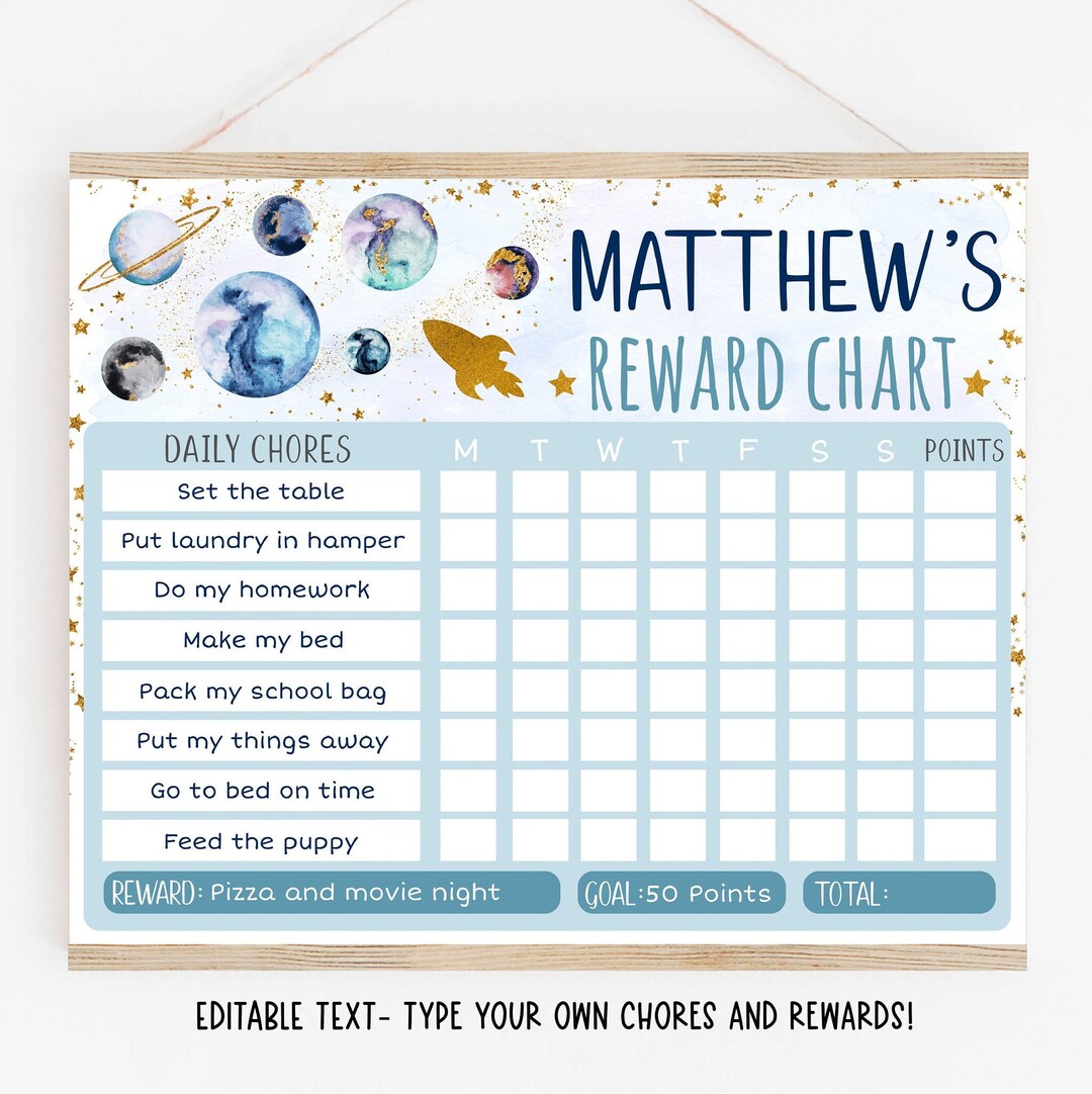 Editable Space Reward Chart Galaxy Rocket Ship Stars Planets Boy Girl ...