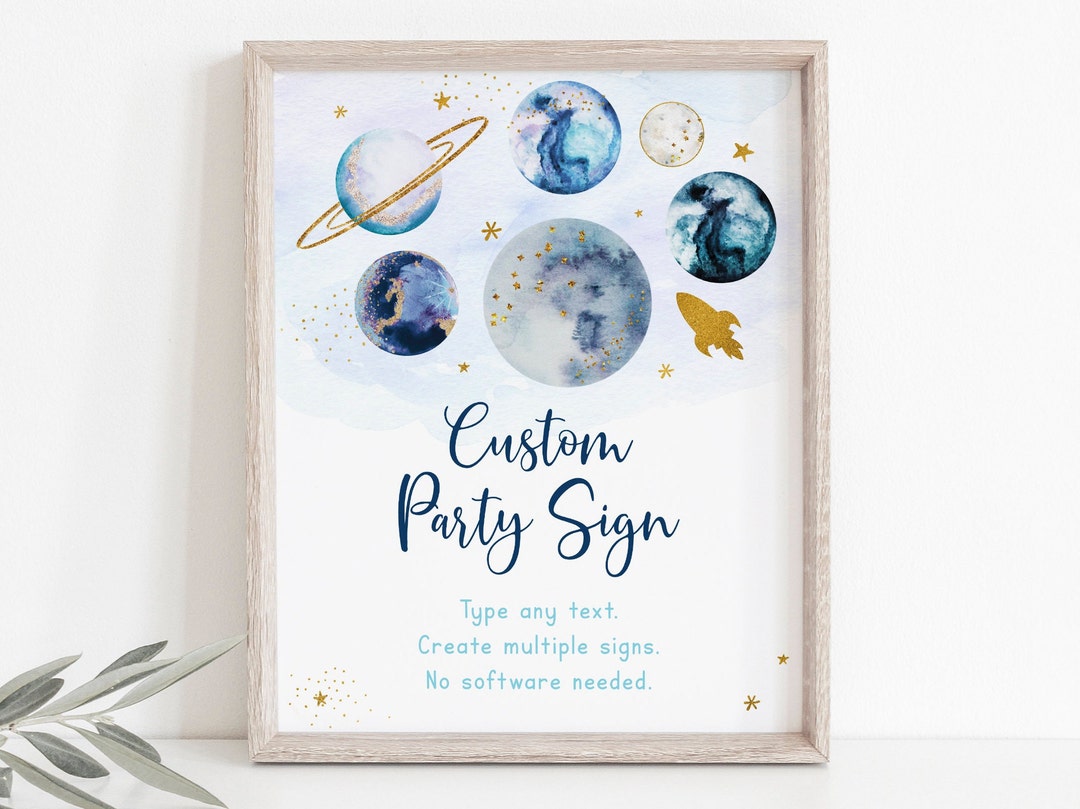 Editable Space Birthday Party Sign Blue Gold Boy Galaxy Planets Rocket ...