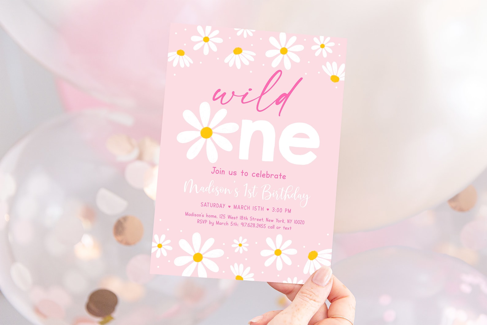 Daisy First Birthday Invitation Wild One Daisy Birthday Invite Pink ...