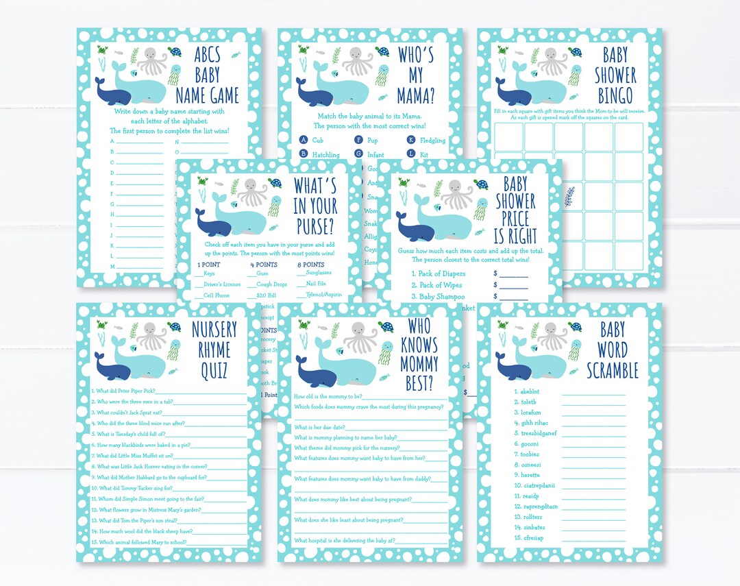 Blue Under the Sea Baby Shower Games Package Nautical Whale Sea ...