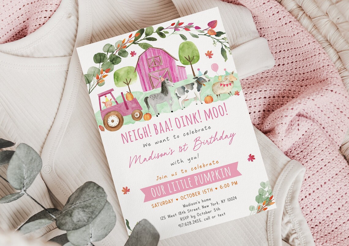 EDITABLE Pink Farm Birthday Invitation Fall Farm Birthday Girl - Etsy