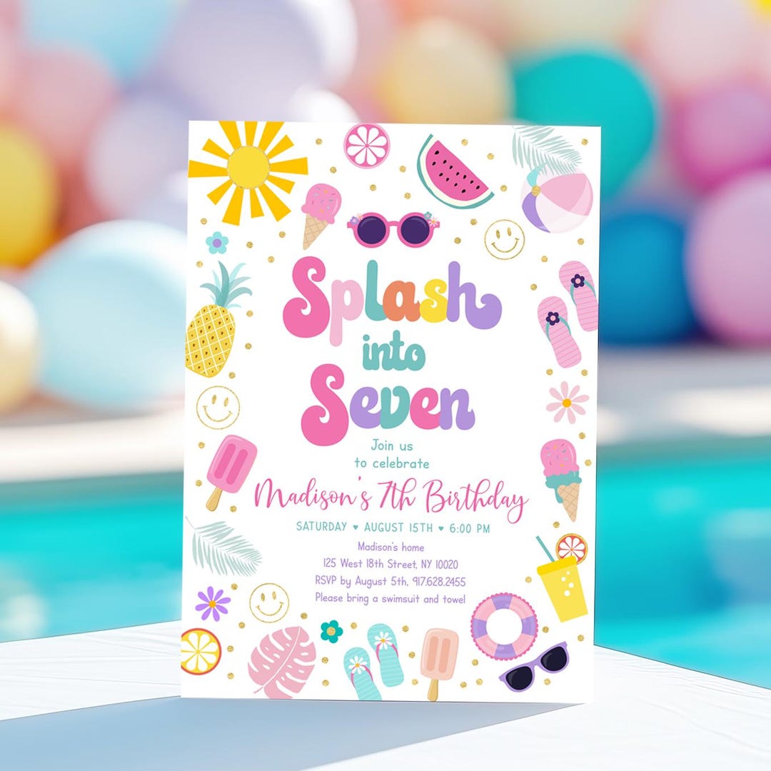 Editable Splash Into Seven Pool Party Birthday Invitation, 7th Birthday ...