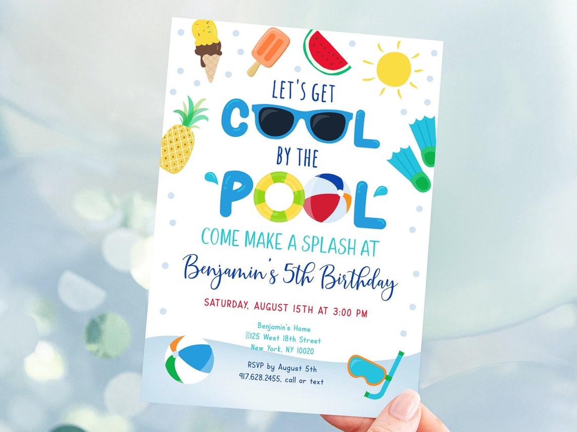 Editable Pool Party Birthday Invitation Let's Get Cool Boys Pool Party ...