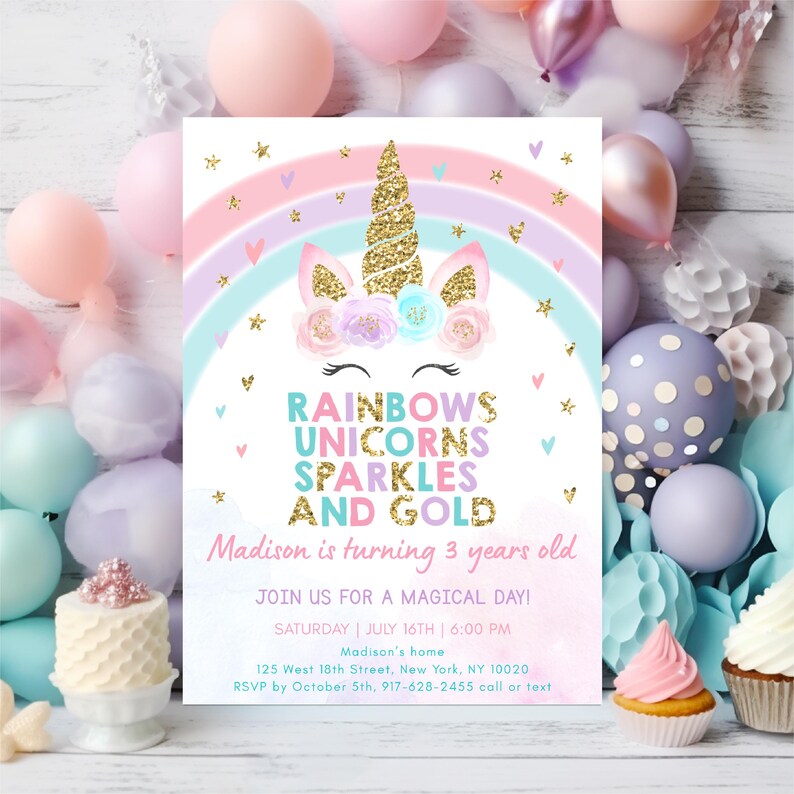 Editable Unicorn Rainbow Birthday Invitation, Pastel Floral Unicorn ...