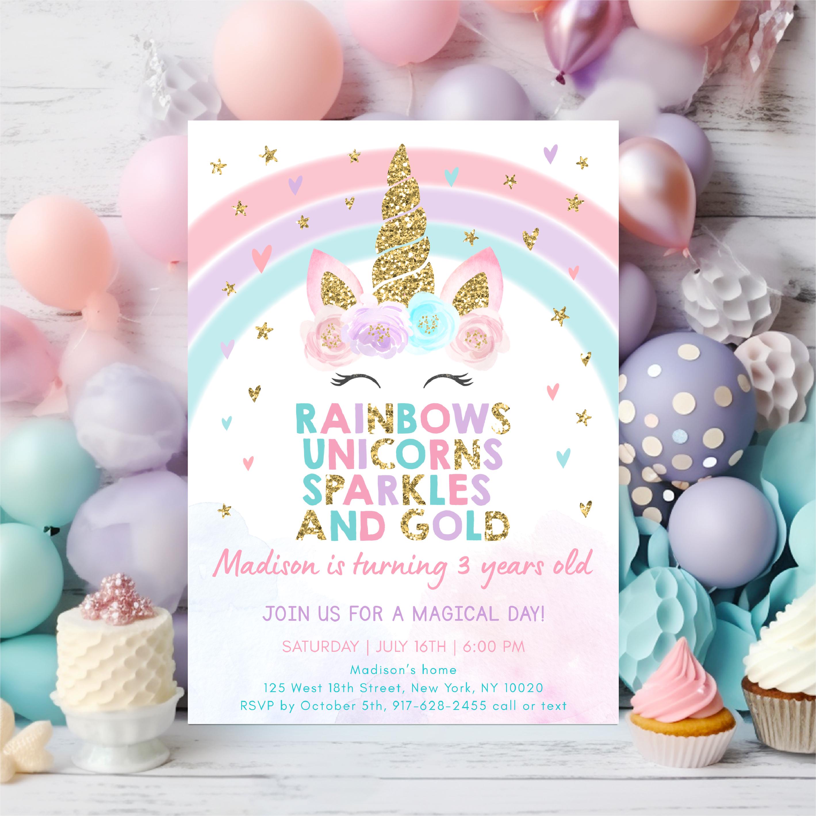 Editable Unicorn Rainbow Birthday Invitation, Pastel Floral Unicorn ...