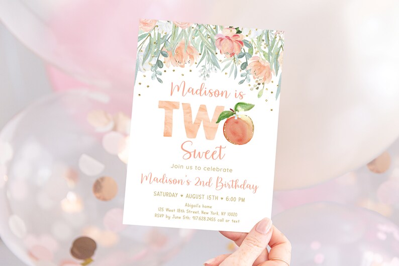 Editable Peach Birthday Invitation Two Sweet Peach Second - Etsy