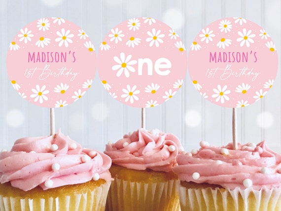 Editable Daisy First Birthday Cupcake Toppers Retro Daisy Birthday ...