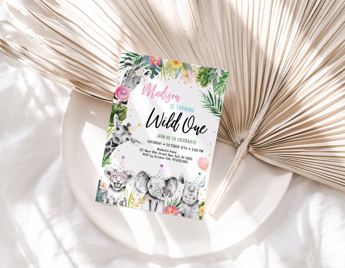 Editable Wild One Birthday Invitation Girl Pink Gold Tropical - Etsy