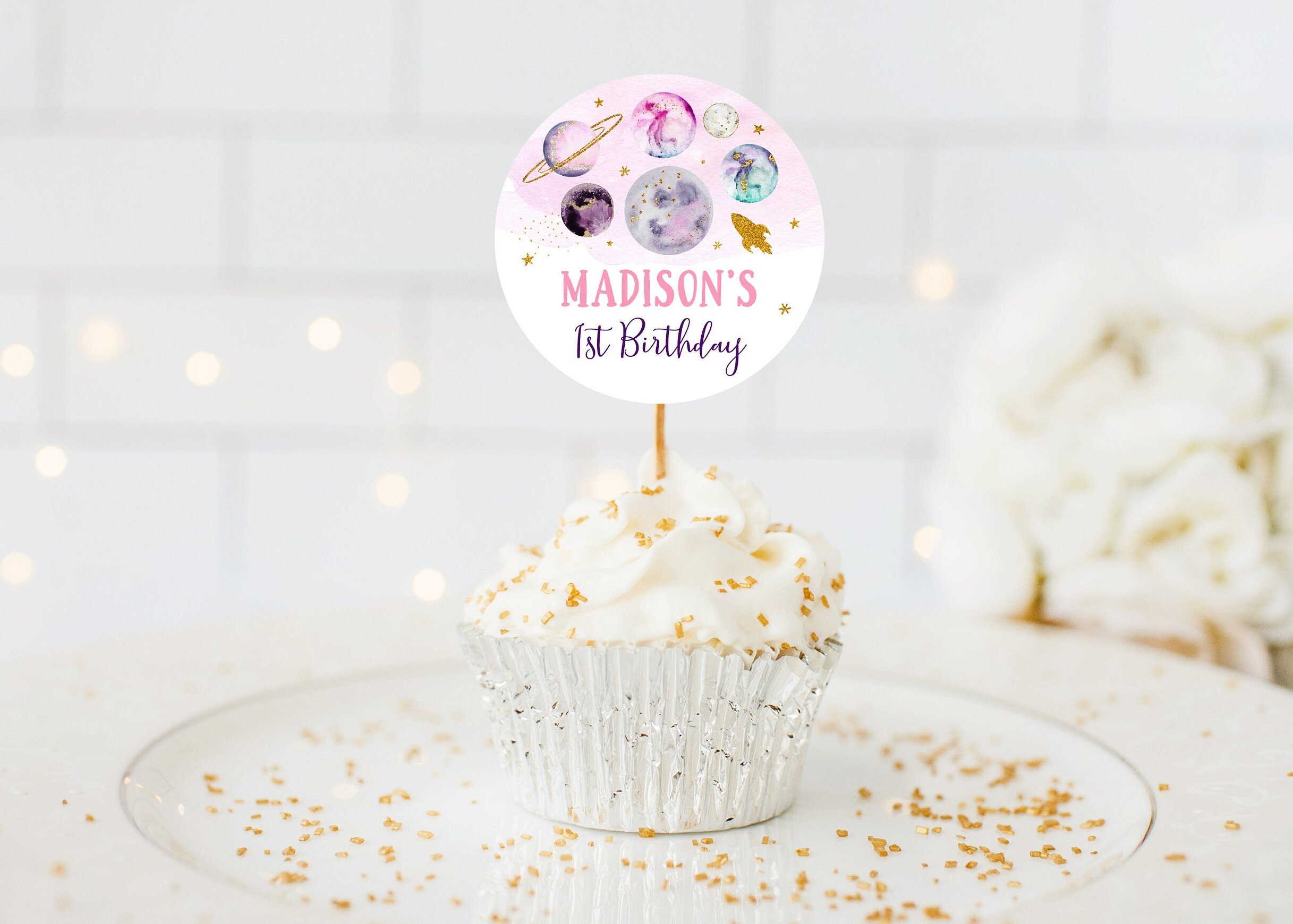 Editable Galaxy Cupcake Toppers Pink Gold Girl Galaxy Planets | Etsy