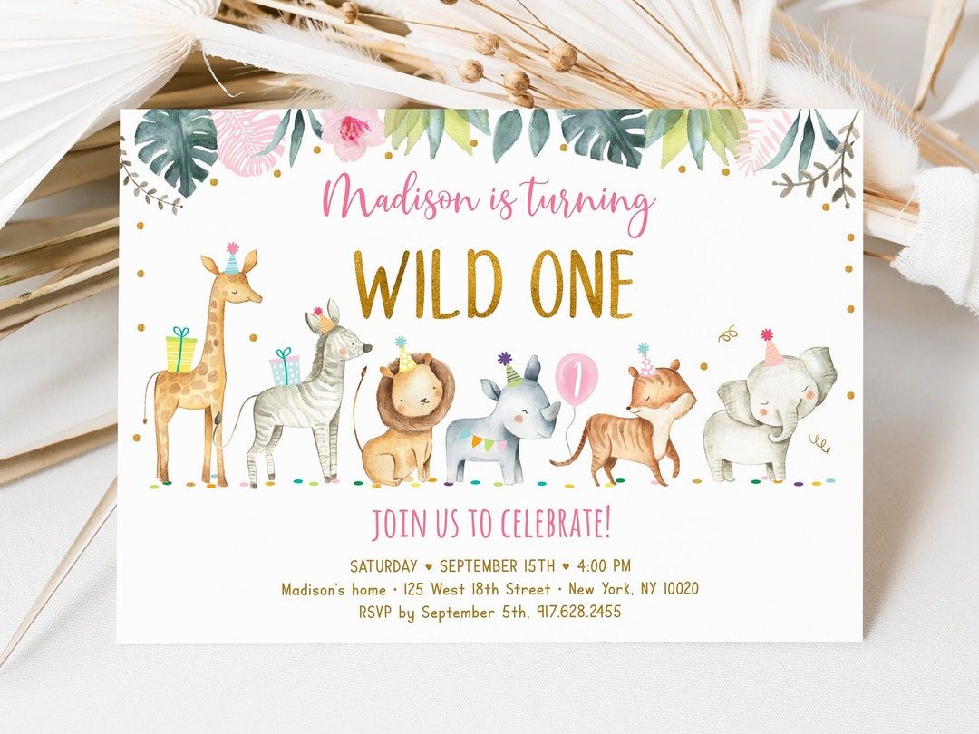 Editable Wild One Safari Invitation, Safari First Birthday, Girl Pink ...