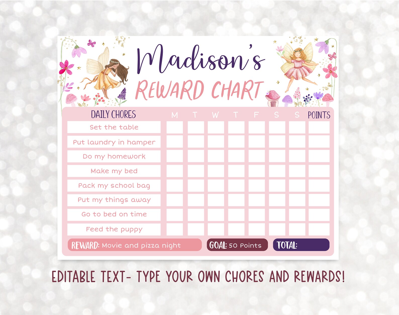 Editable Fairy Reward Chart Fairy Garden Behavior Chart Girls - Etsy