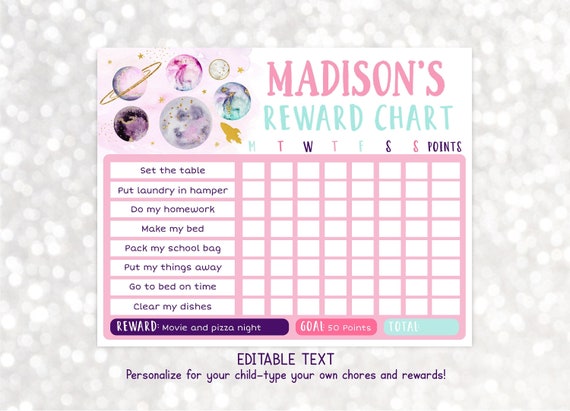Editable Space Reward Chart Pink Galaxy Rocket Ship Stars Planets Girl ...