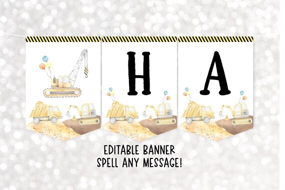 Editable Construction Birthday Banner Construction Trucks Digger Dump ...