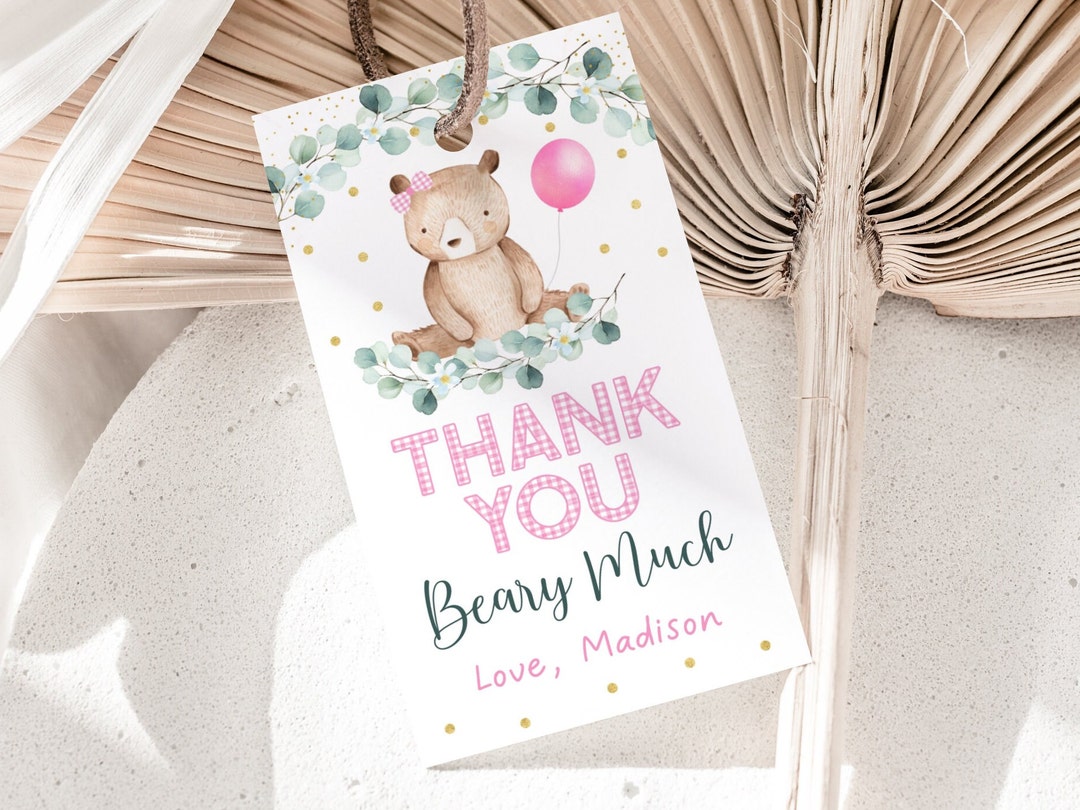 Editable Teddy Bear Thank You Tag Favor Tag Pink Gold Girl - Etsy