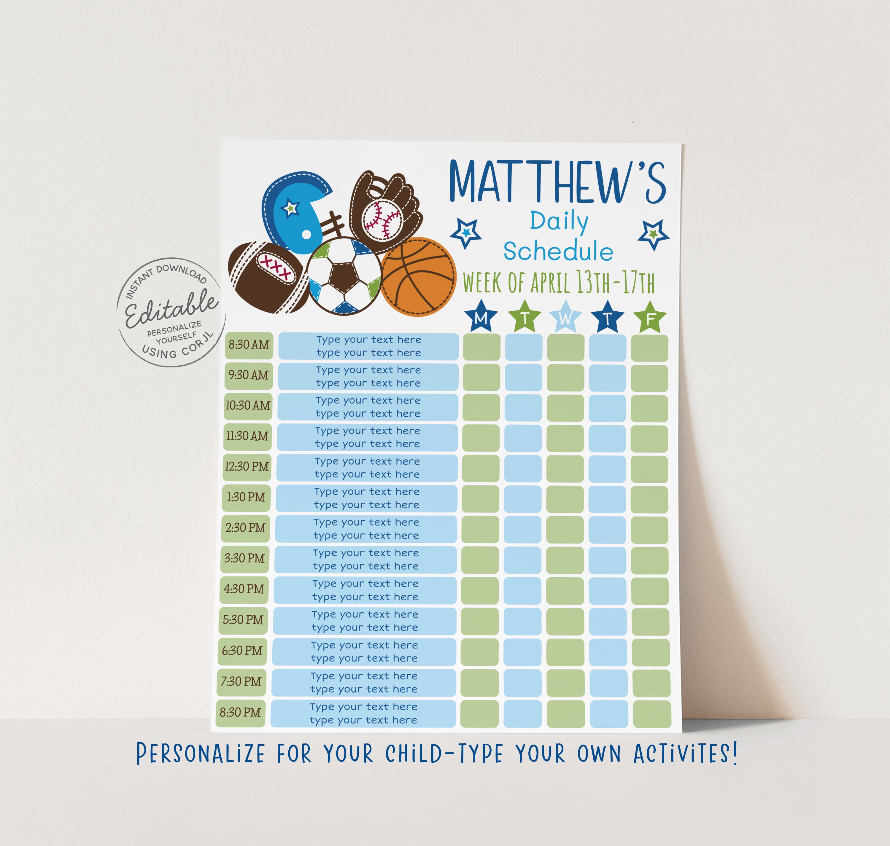 FOOTBALL Daily schedule chart Personalise save and print instantly ...