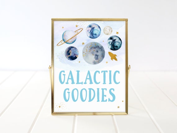 Space Galactic Goodies Birthday Sign Snack Sign Blue Gold Galaxy ...