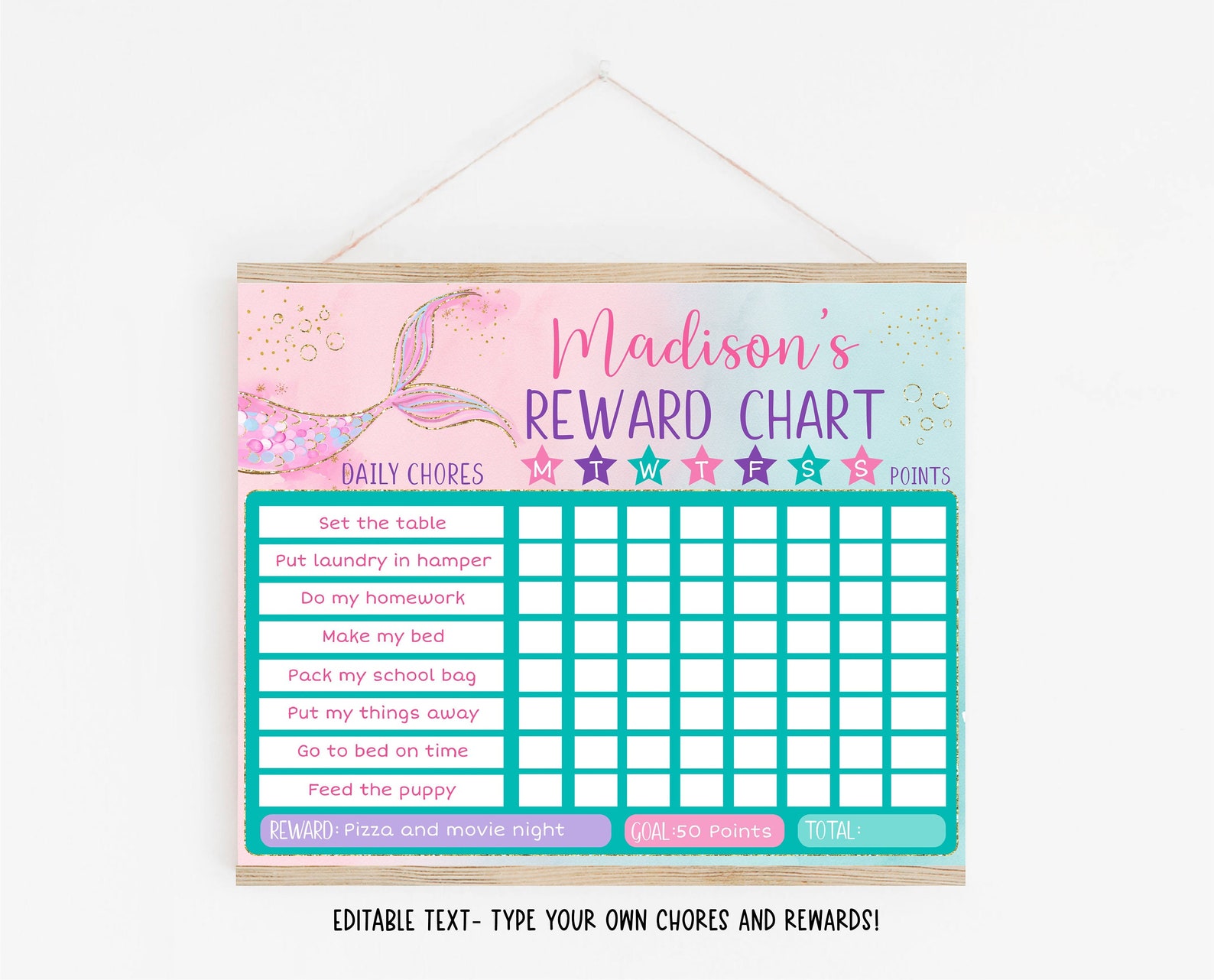 Editable Mermaid Reward Chart Mermaid Behavior Chart Girls - Etsy