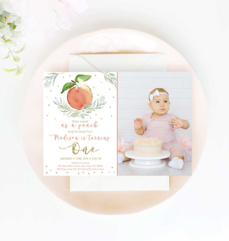 Editable Peach Birthday Invitation Sweet as A Peach First - Etsy