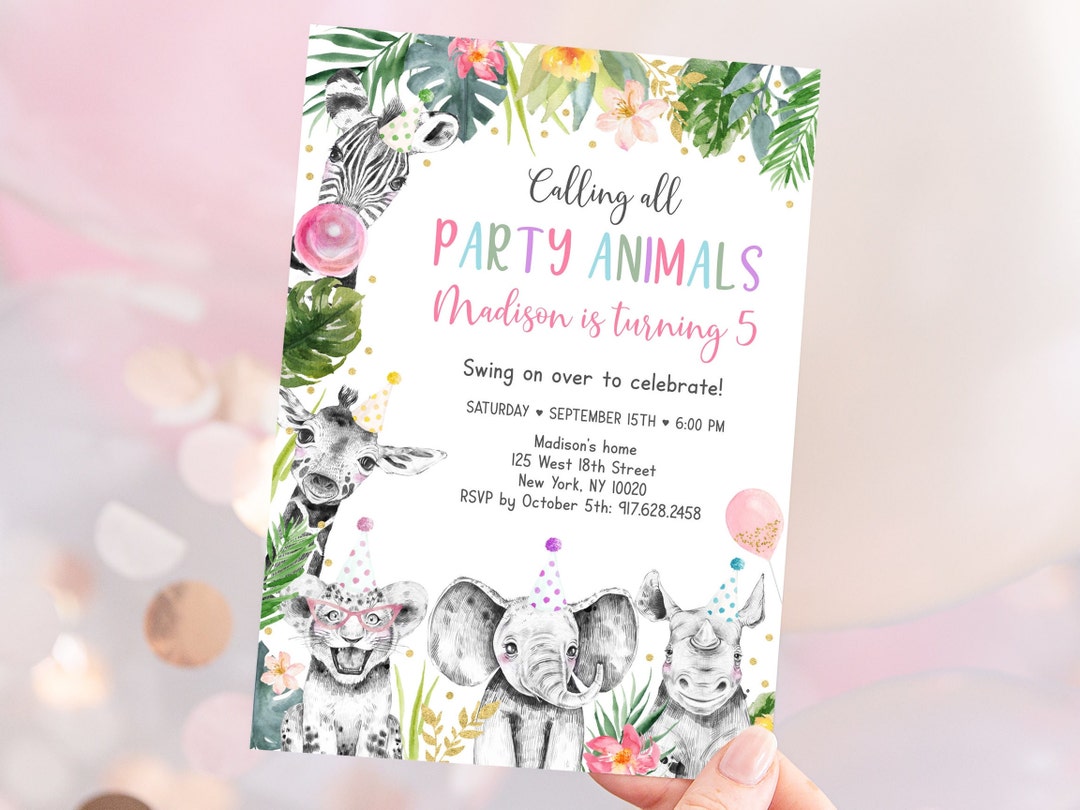 Editable Party Animals Birthday Invitation Girl Pink Gold Tropical ...