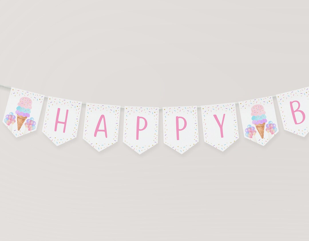 Editable Ice Cream Birthday Banner Rainbow Ice Cream Cone Pink Gold ...