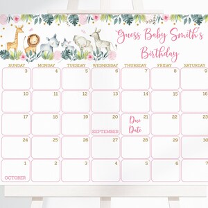 Editable Pink Safari Baby Due Date Calendar, Safari Baby Shower, Girl ...