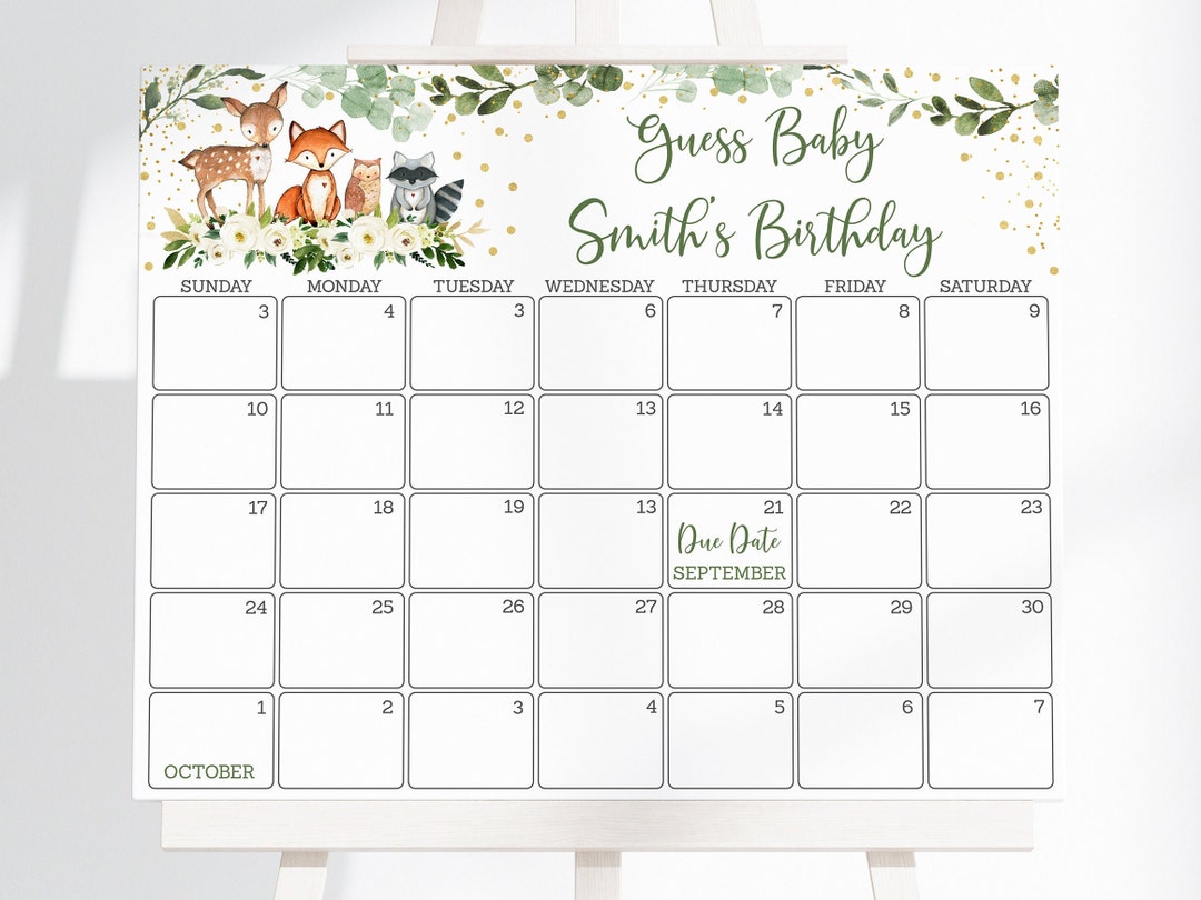 EDITABLE Woodland Birthday Predictions Calendar Woodland Baby Shower ...