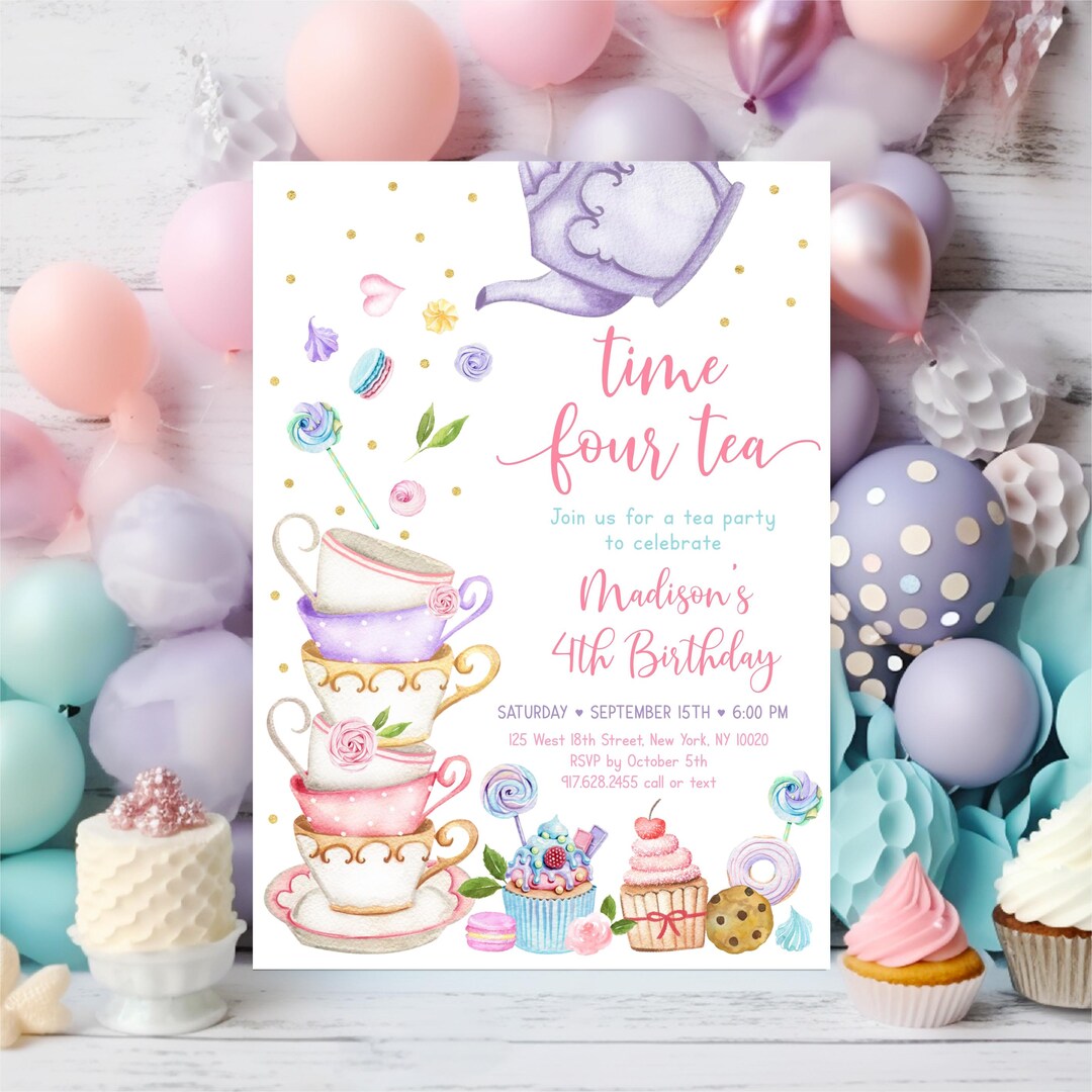Editable Tea Party 4th Birthday Invite Time FOUR Tea Birthday Invite ...