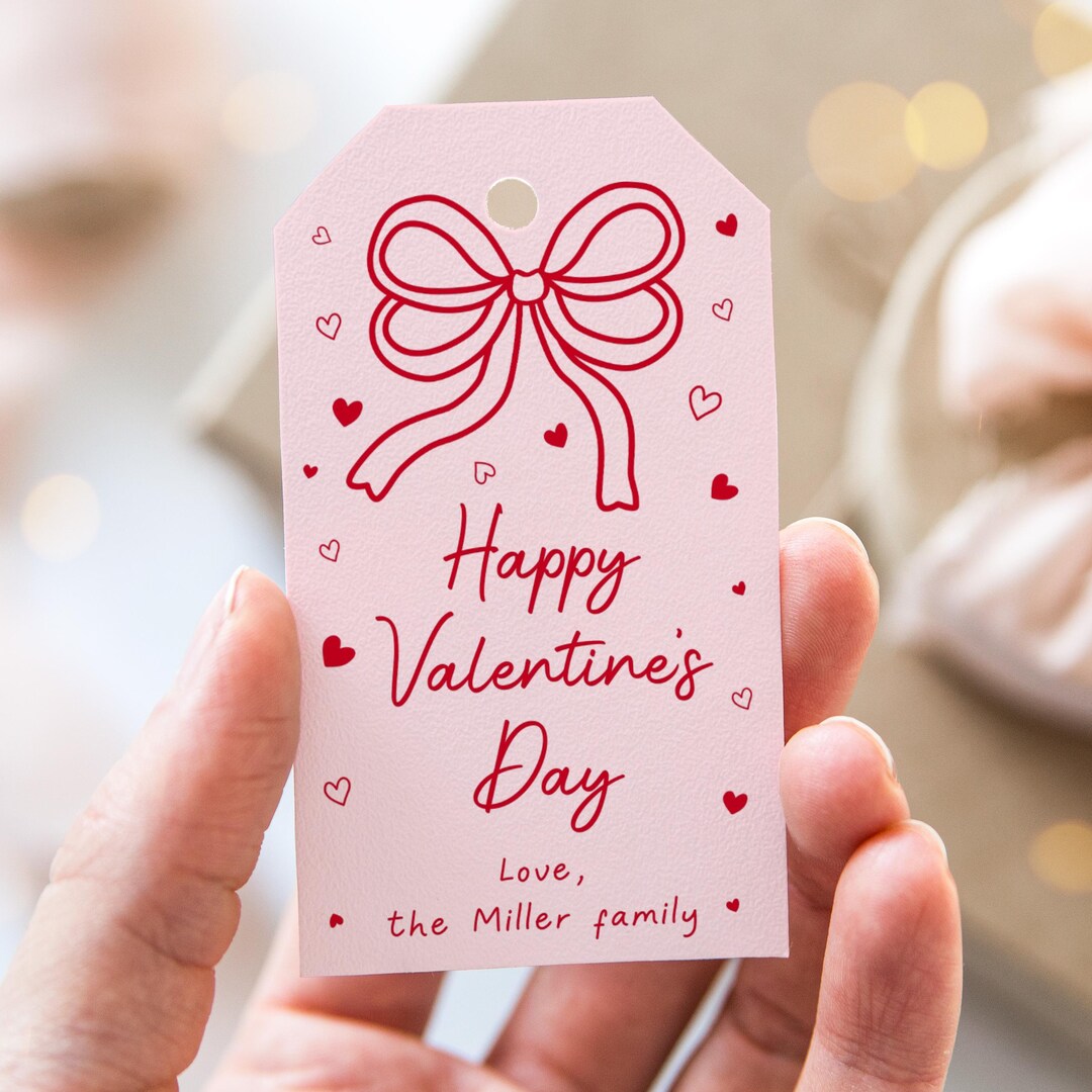 Editable Valentine's Day Tag Pink Red Bow Valentine Gift Tag Hand Drawn ...