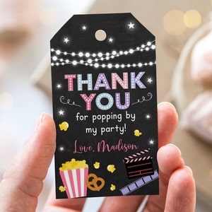 Editable Movie Night Birthday Thank You Tags Favor Tags Popcorn Party ...