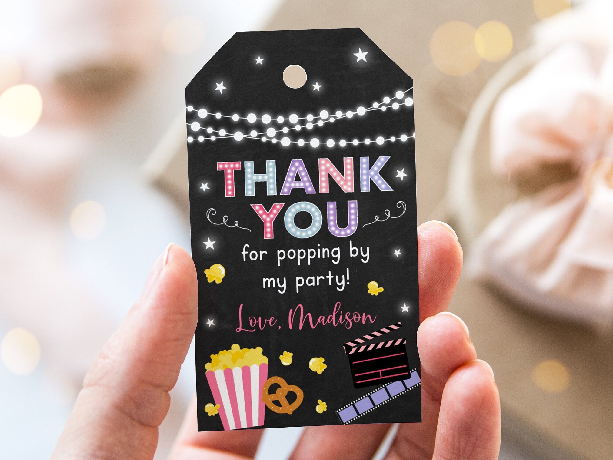 Editable Movie Night Birthday Thank You Tags Favor Tags Popcorn Party ...