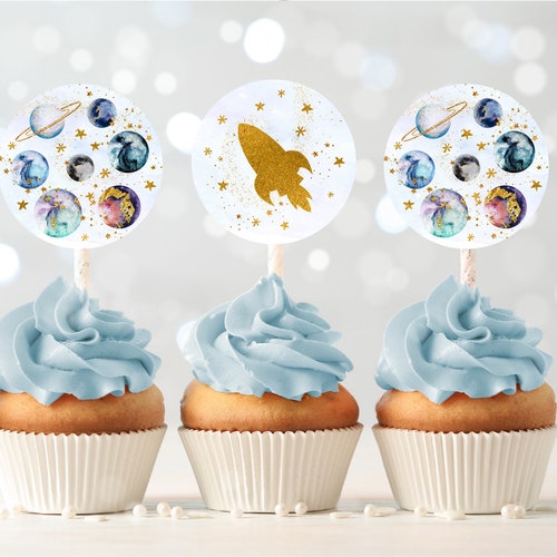 Galaxy Birthday Cupcake Toppers Blue Gold Boy Girl Galaxy - Etsy
