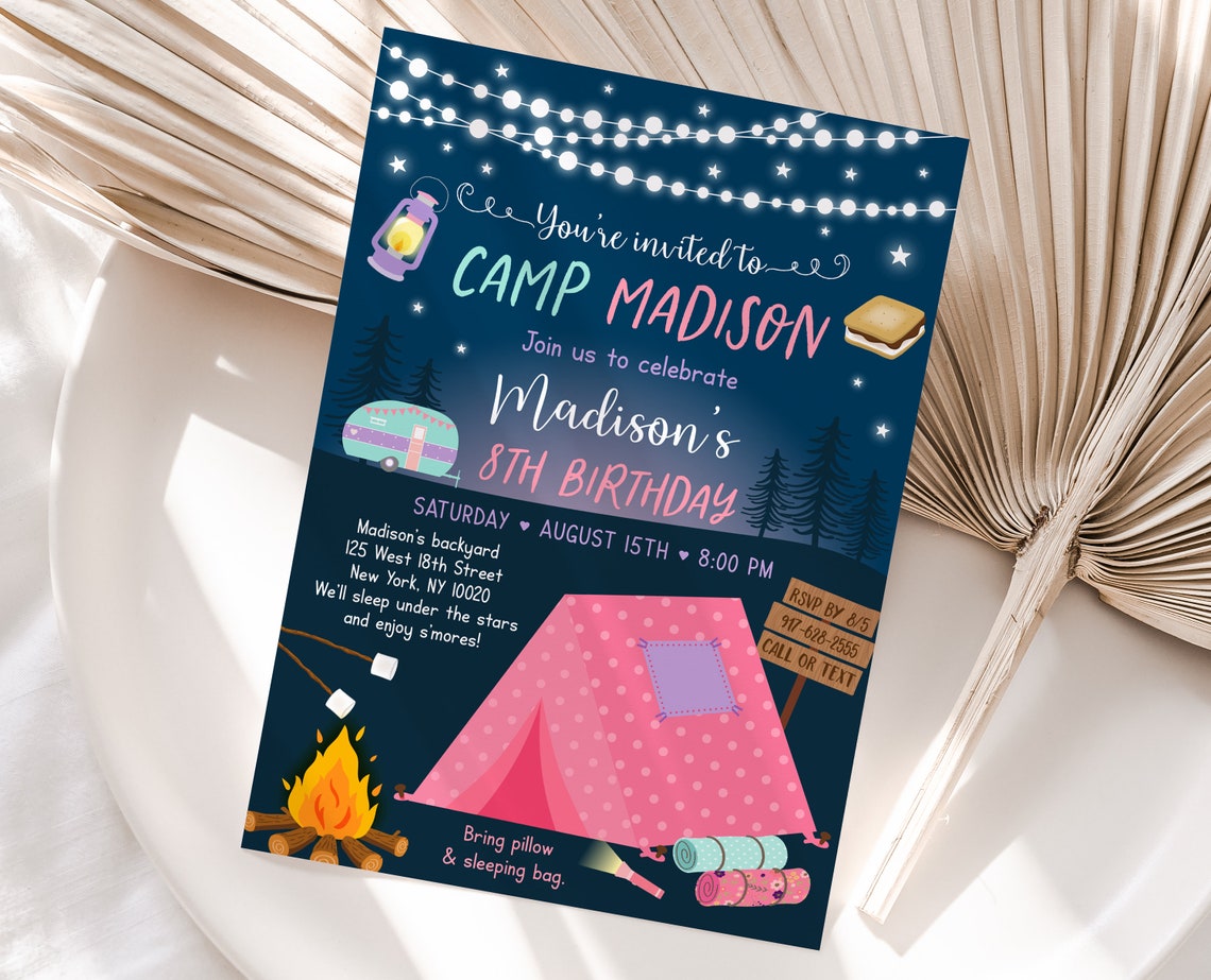 Editable Girl Camping Birthday Invitation Camping Sleepover - Etsy