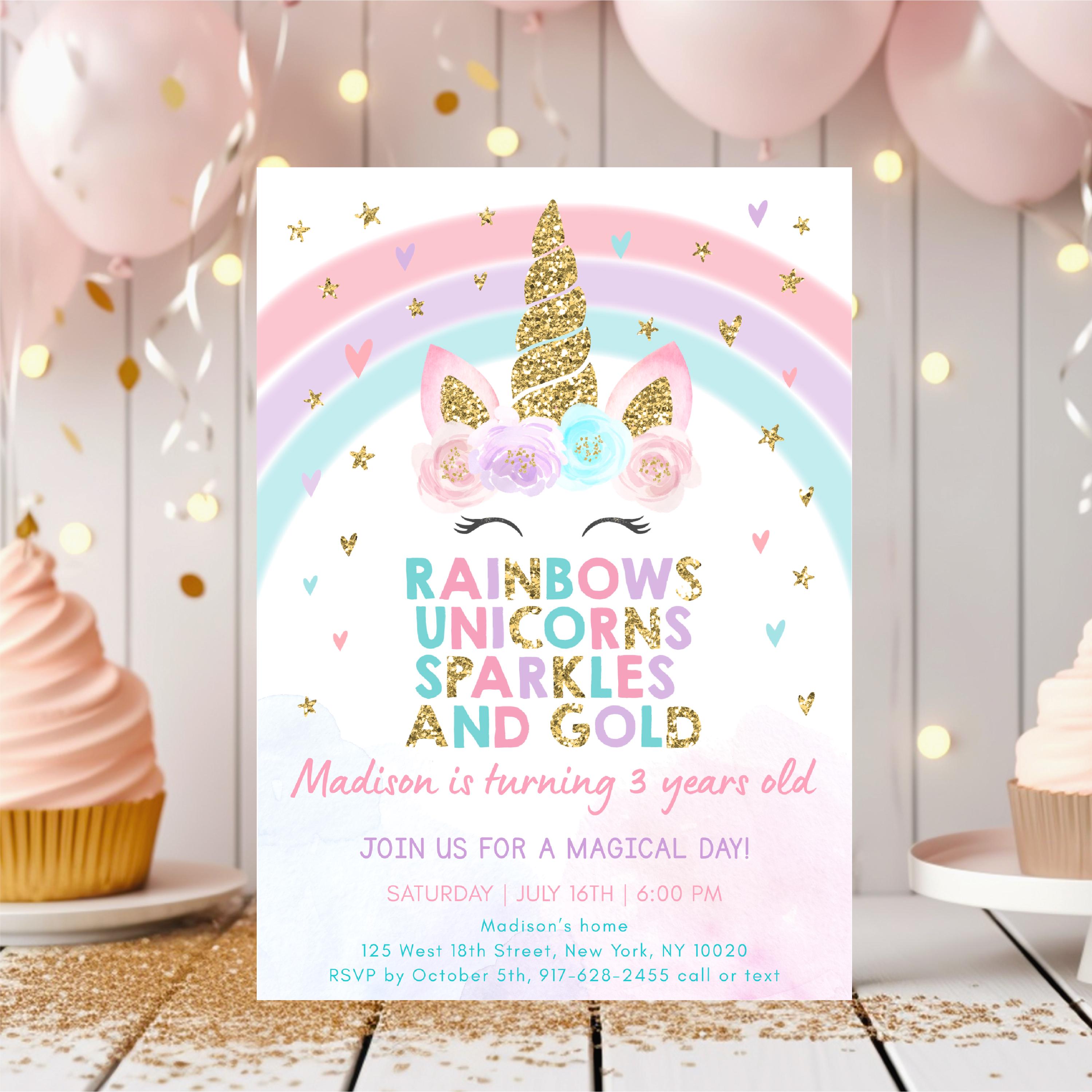 Editable Unicorn Rainbow Birthday Invitation, Pastel Floral Unicorn ...