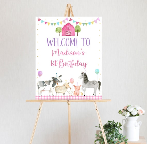 Editable Pink Farm Birthday Welcome Sign Girl Farm Party Barnyard ...