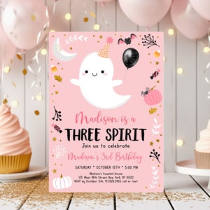 Editable Three Spirit Ghost Birthday Invitation Halloween Ghost Third ...