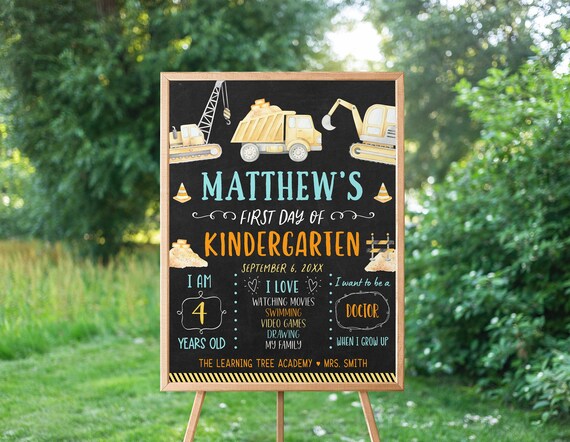 Editable First Day of Kindergarten Sign Construction Truck First Day of ...