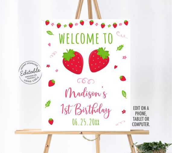 EDITABLE Strawberry Birthday Welcome Sign Strawberry Party Berry Sweet ...