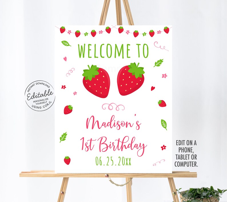EDITABLE Strawberry Birthday Welcome Sign Strawberry Party - Etsy
