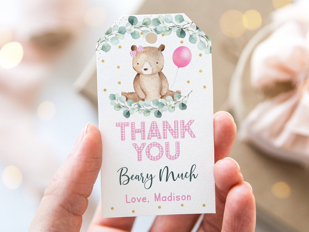 Editable Teddy Bear Thank You Tag Favor Tag Pink Gold Girl Teddy Bear ...