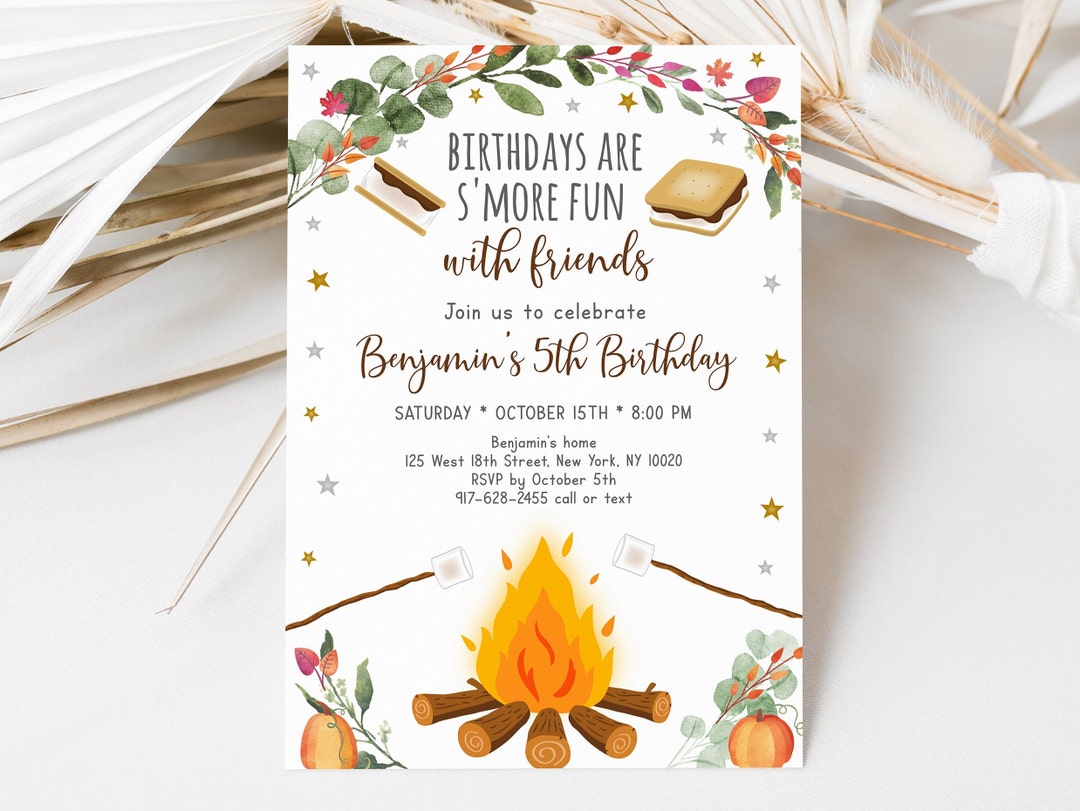 Editable S'mores Birthday Invitation, Fall S'mores Birthday Invite, Camping, Campfire, Bonfire ...