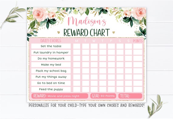 Editable Pink Floral Reward Chart, Floral Behavior Chart, Pink & Gold ...