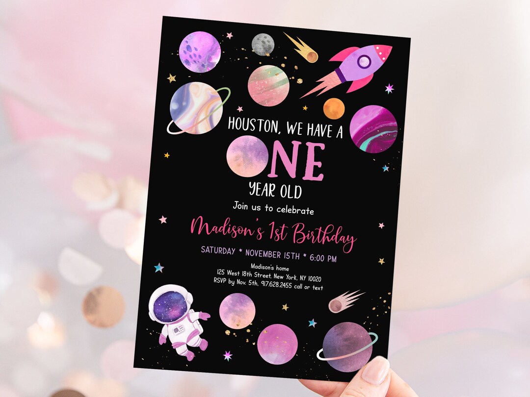 Editable Space First Birthday Invitation Houston We Have A One Year Old ...